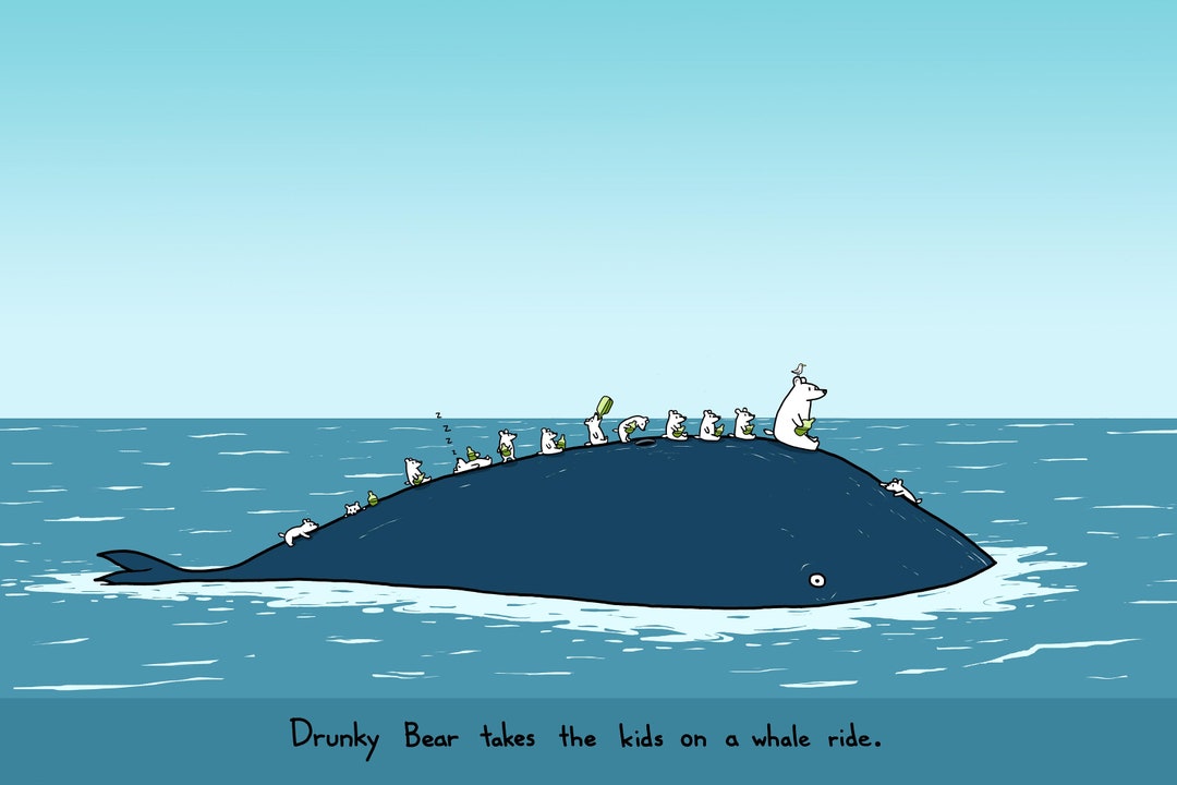 Drunky Bear Takes the Kids on A Whale Ride Art Print - Etsy