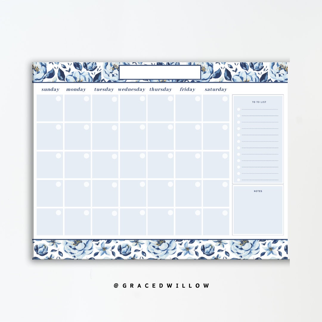 Blue Floral Undated Monthly Calendar 8.5x12in Magnetic 12 Tear-away ...
