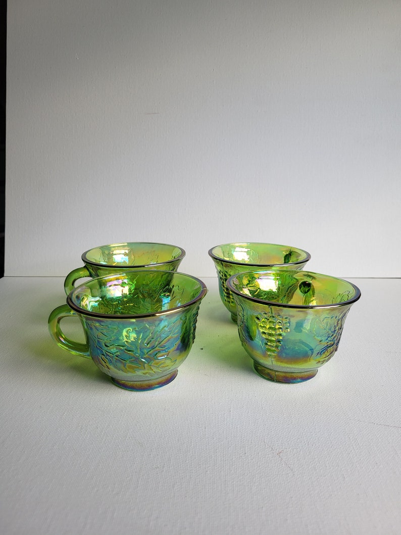 Indiana Glass Co. Lime Green Carnival Glass Harvest Grape Cups, Set of ...