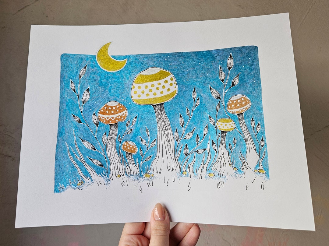 Original Pen & Ink Drawing Shimmer Effect Moon Mushrooms Forrest ...
