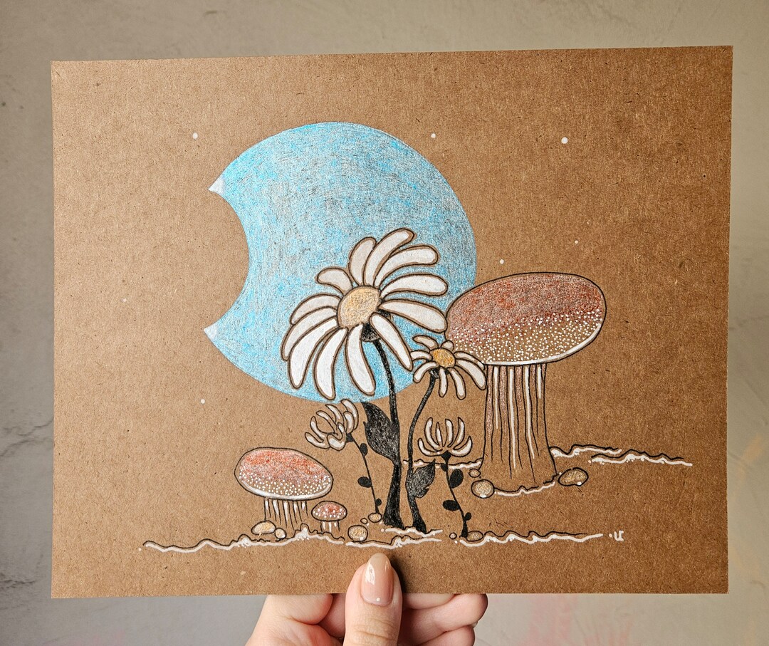 Original Pen & Ink Drawing Shimmer Effect Moon Mushrooms Forrest ...