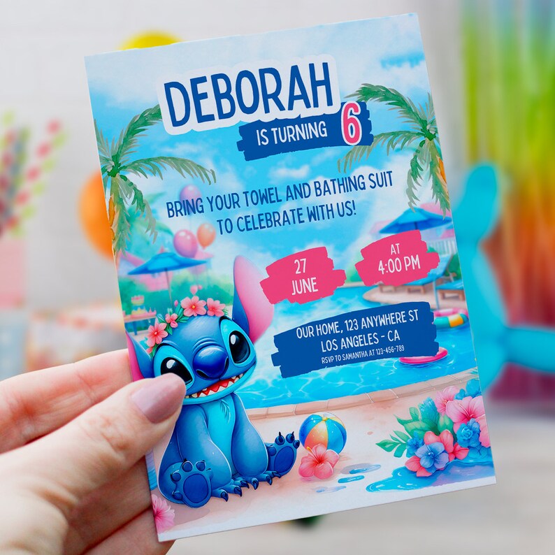 Pool Party Stitch Birthday Invitation Template Editable Pool Party ...