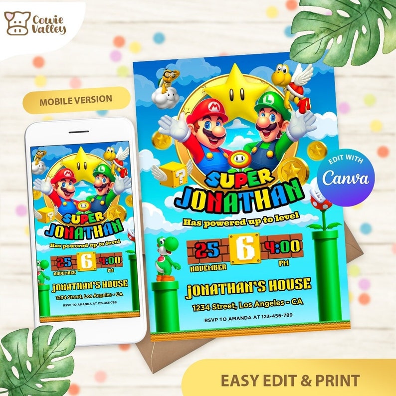 Super Mario Invitation Birthday Party Invite Template Digital Birthday ...