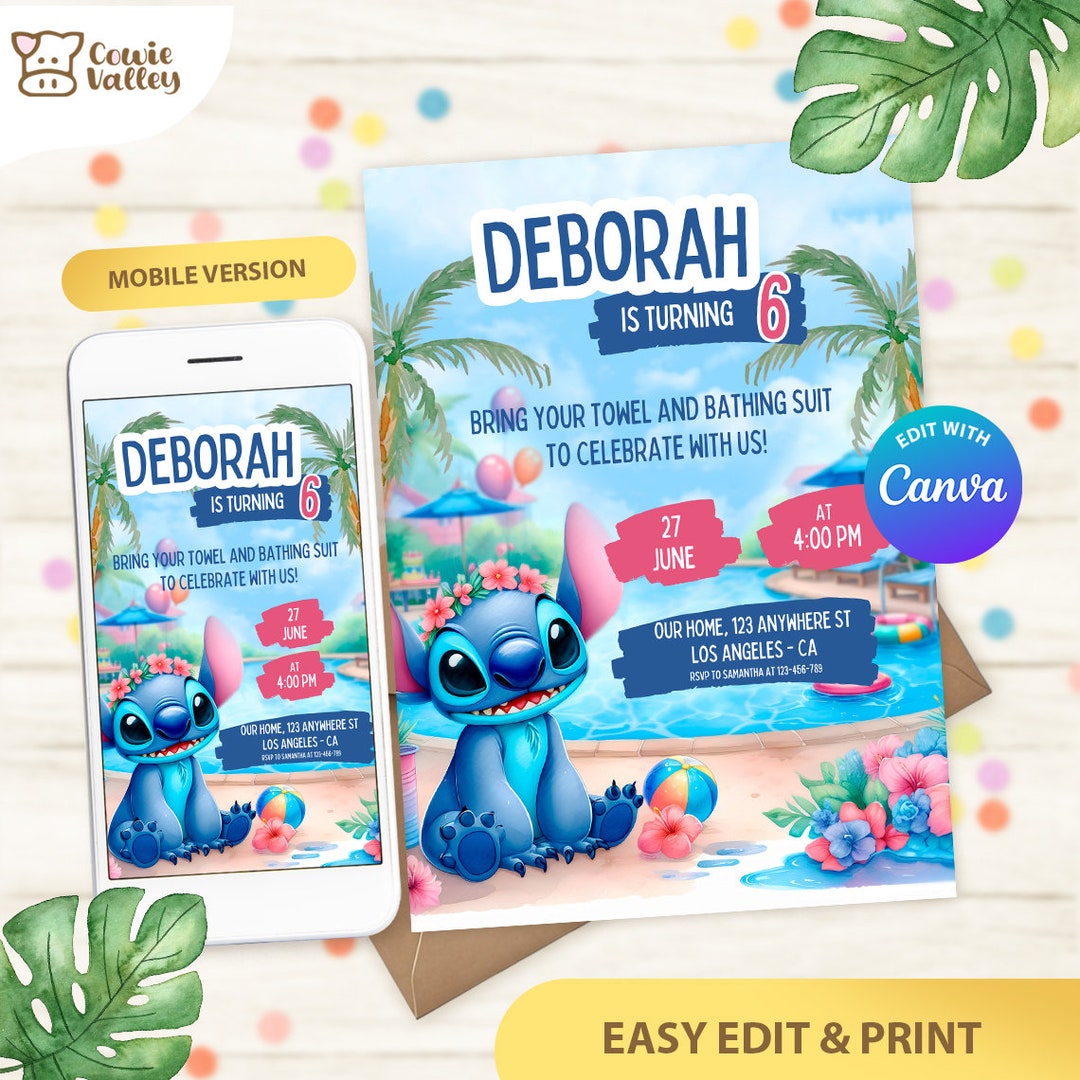 Pool Party Stitch Birthday Invitation Template Editable Pool Party ...