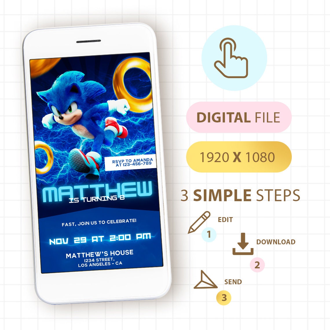 Sonic Birthday Invitation Digital Sonic Movie Invite Kids Party Sonic ...