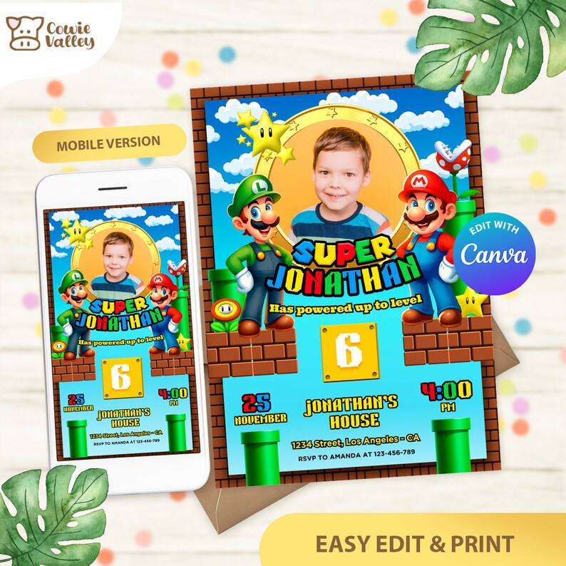 Invitación de Super Mario Cumpleaños Niño Invitar Plantilla editable ...