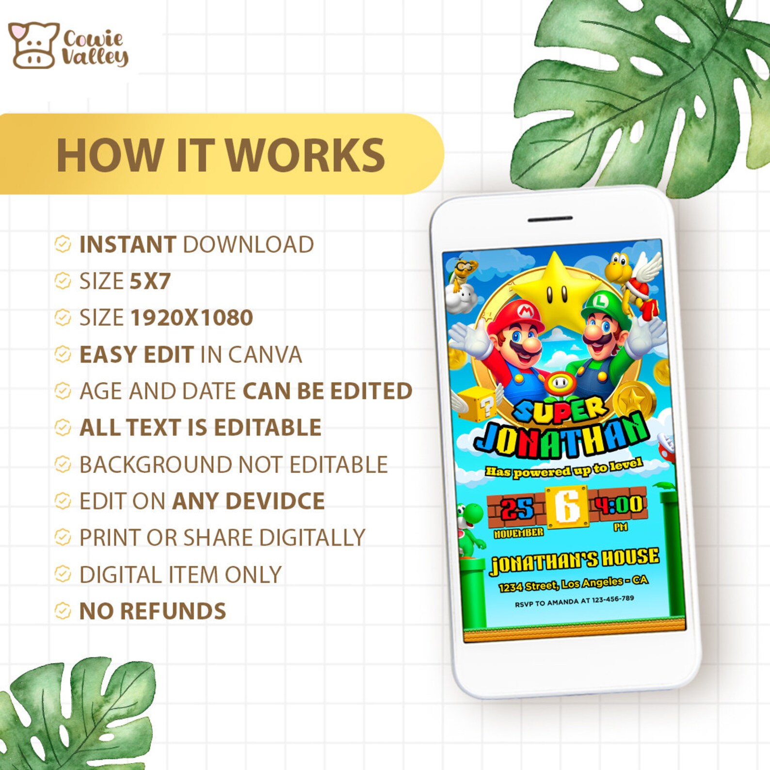 Super Mario Invitation Birthday Party Invite Template Digital Birthday ...