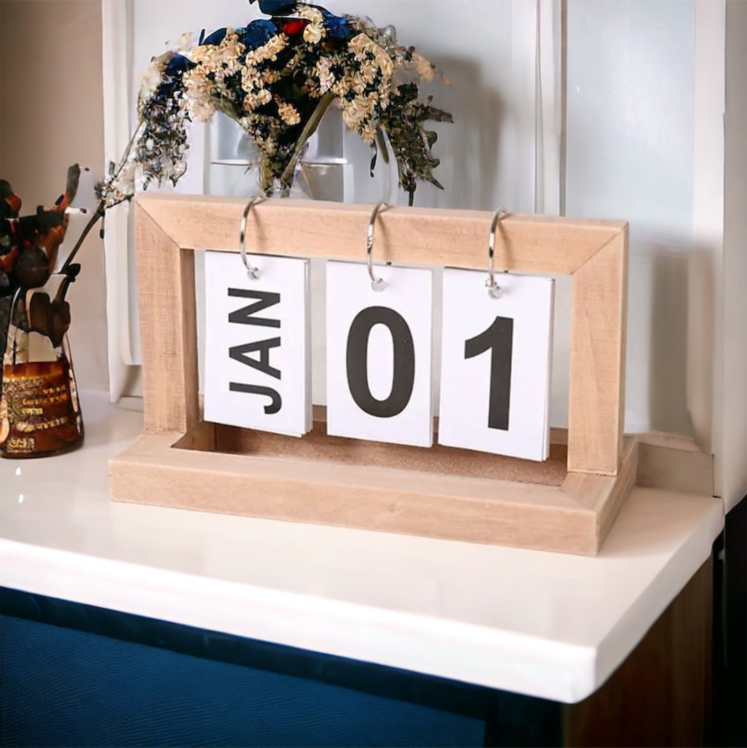 Wooden Perpetual Calendar, Flip Month Date Display ,desktop Schedule ...