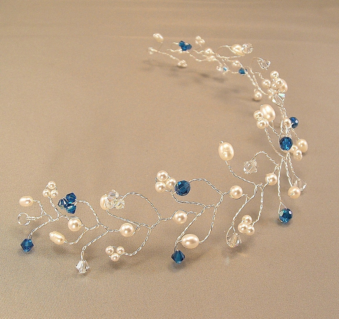 Capri Blue Blend Wedding Gown Tiara Hair Vine Tiaras Pearl | Etsy