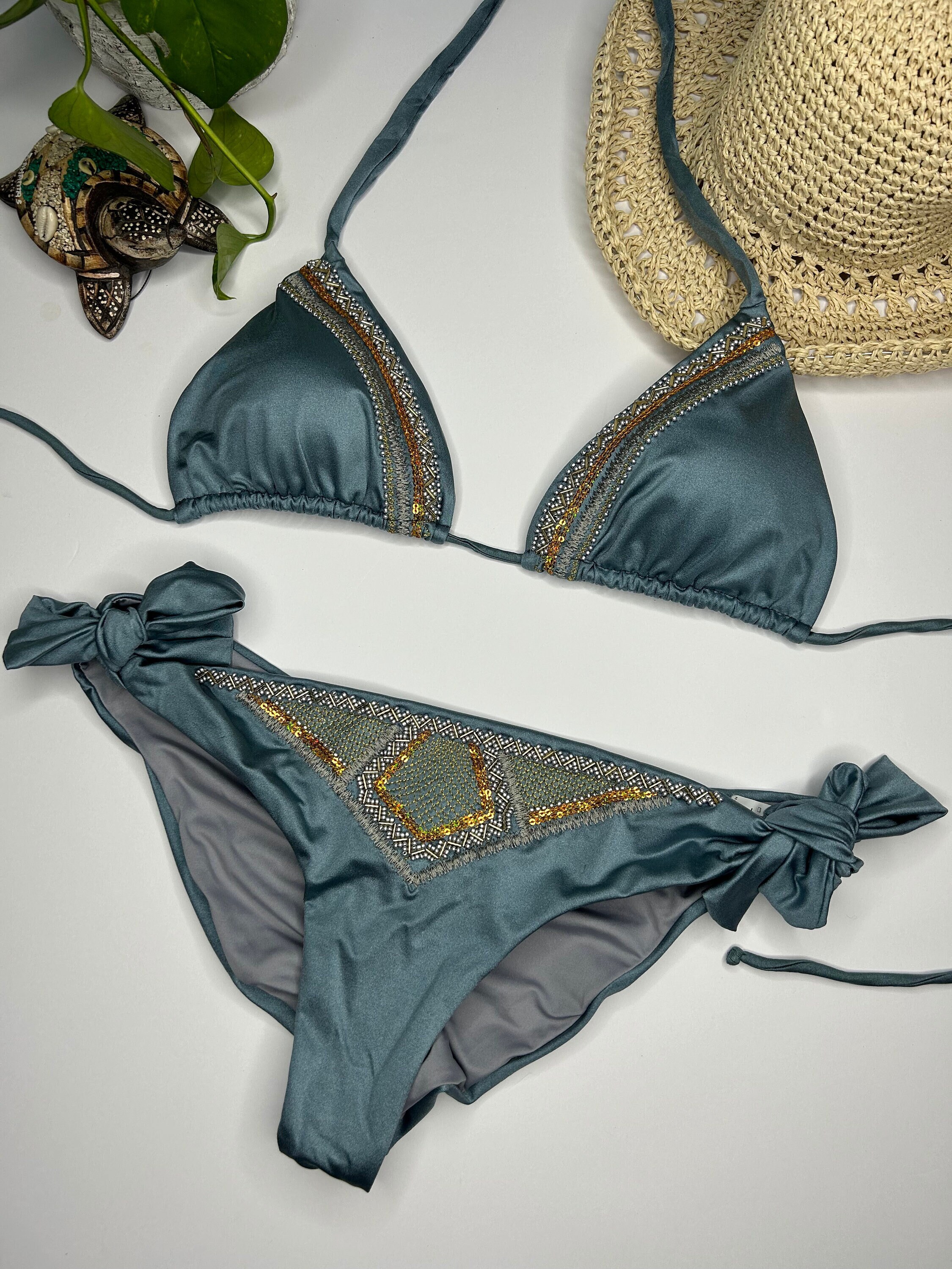 Two Piece Bikini Set- Triangle Top Cheeky and Bottom Tie Straps - Etsy