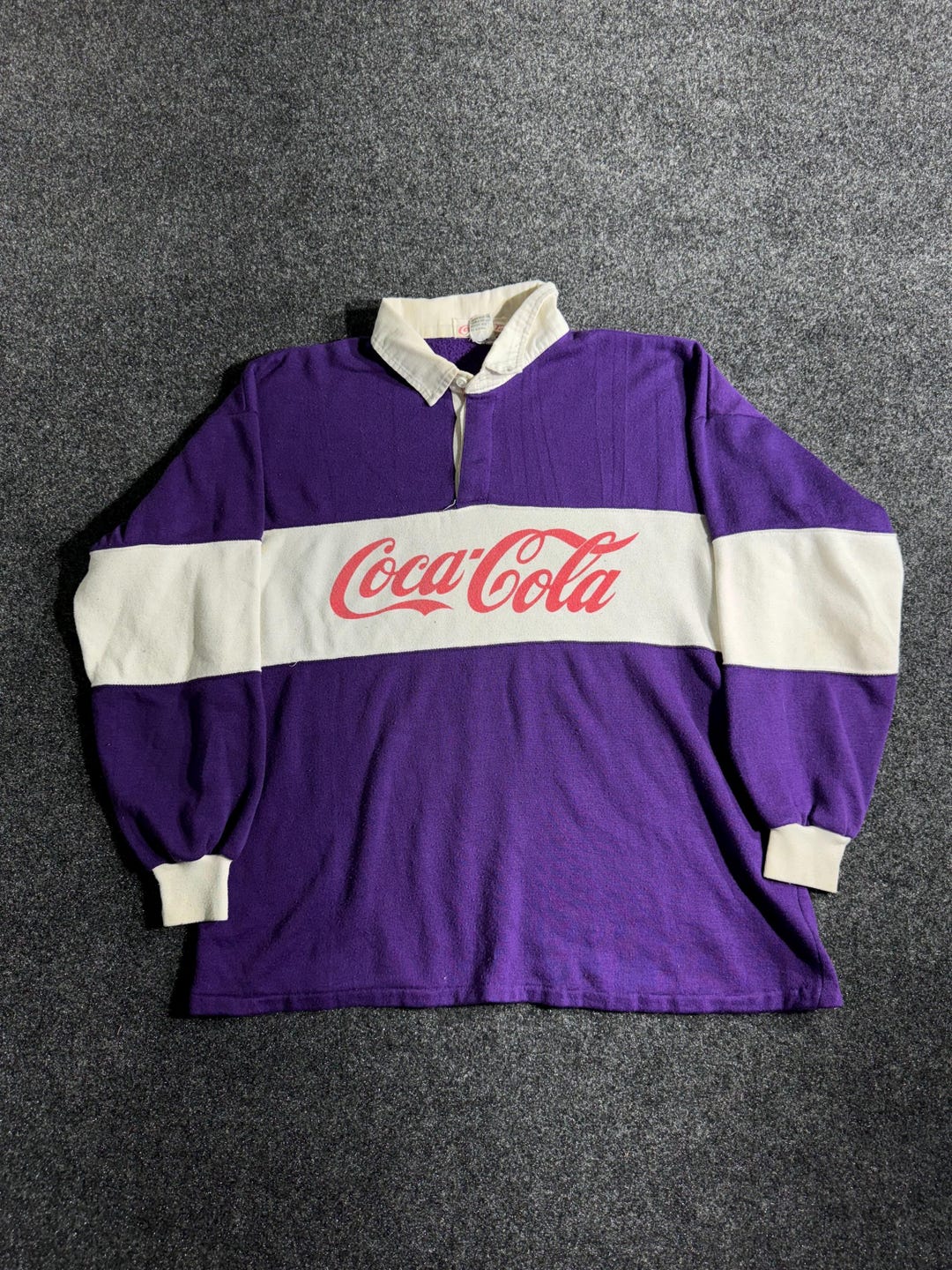 Vintage 80s Coca Cola Rugby Shirt Purple Large Striped Preppy Fits ...