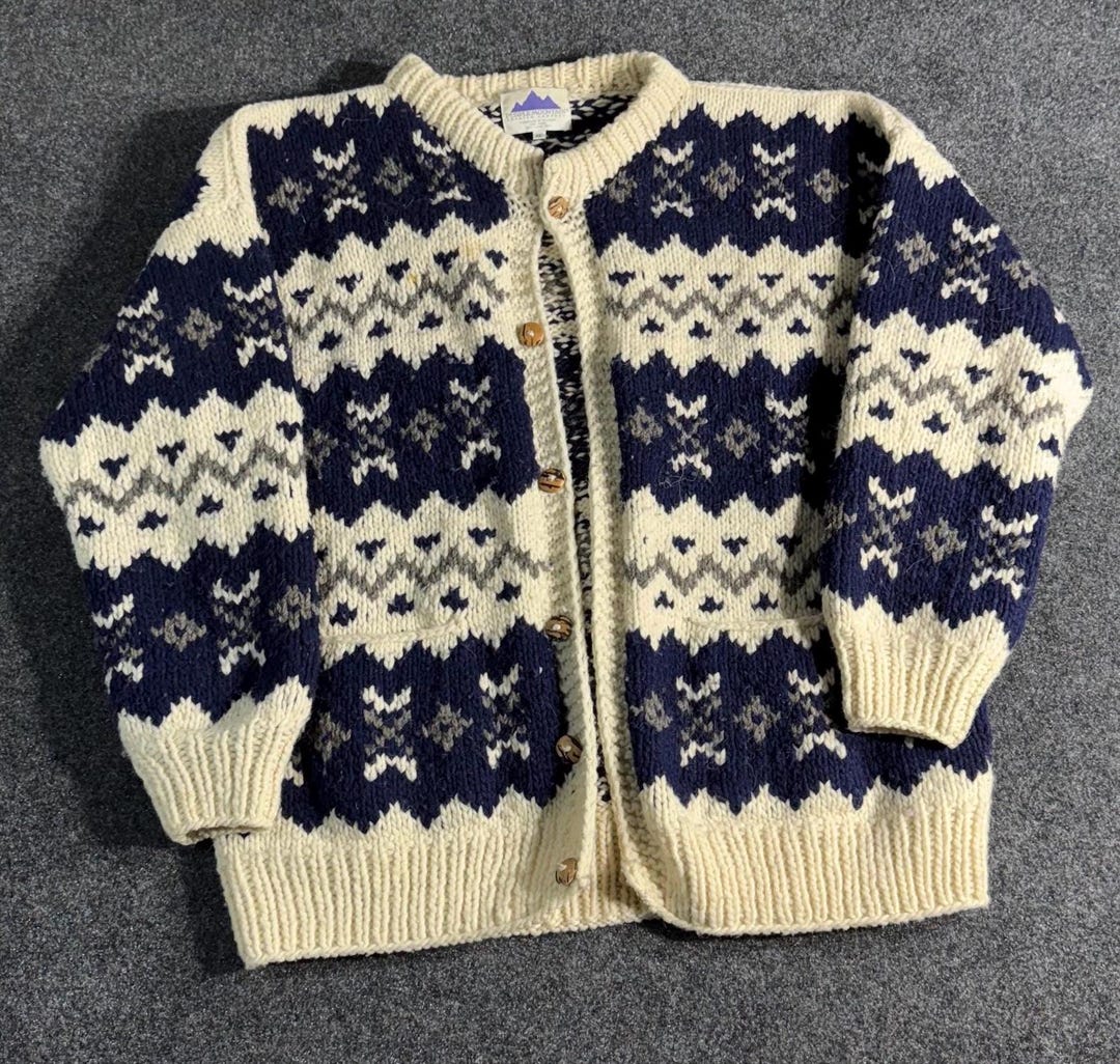 Vintage 90s Heavy Wool Hand Knit Ecuador Buttoned Cardigan Sweater Size ...