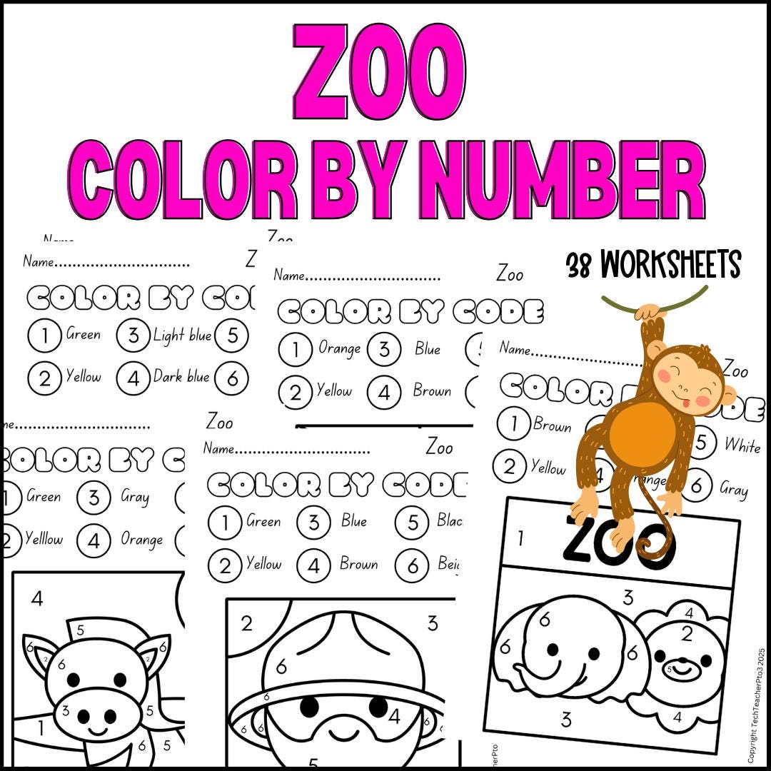 Zoo Color by Number Worksheets for Prekinder, Kindergarten and First ...