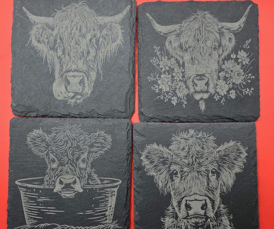 Laser Engraved Highland Cow Slate Coasters - Etsy