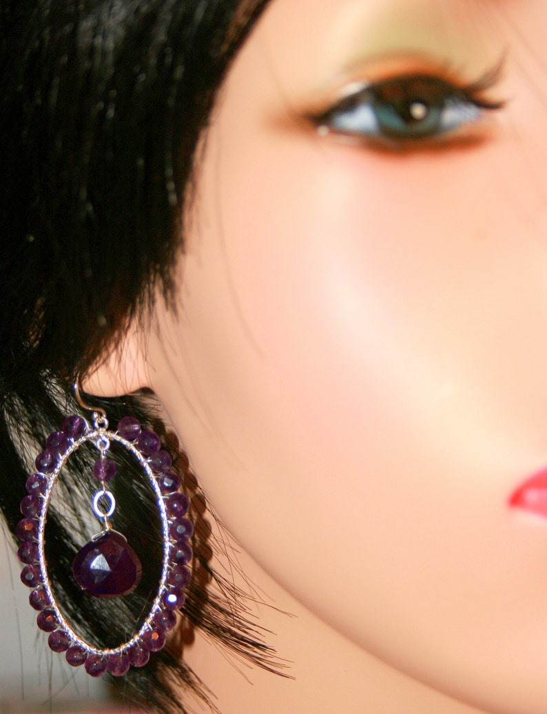 Purple Hoop Earrings, Wire Wrapped Oval Hoops, Grape Gemstone Teardrops ...