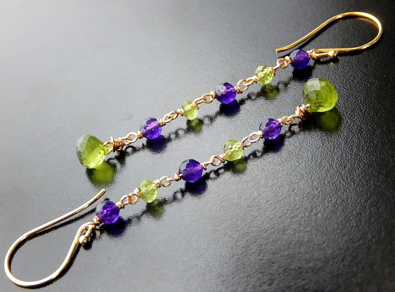 Peridot Drop Earrings, Purple Green Earrings, Gold Vermeil Gemstone ...