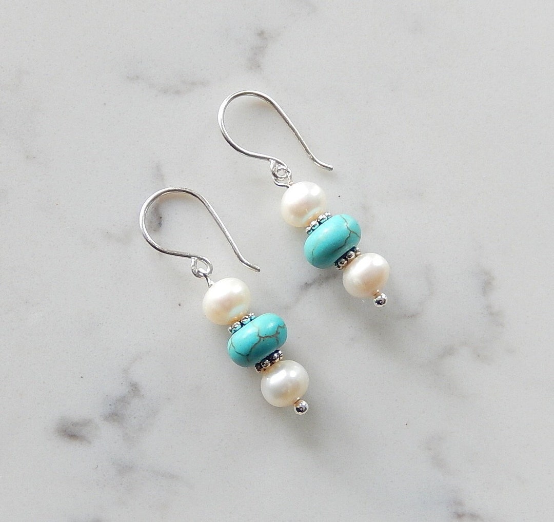 Pearl and Turquoise Earrings, Wagnerite Blue Stack Earrings, Stone ...