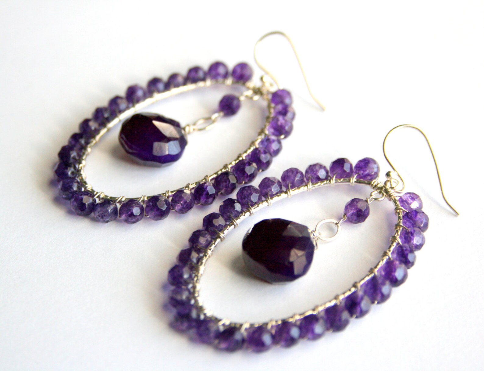 Purple Hoop Earrings, Wire Wrapped Oval Hoops, Grape Gemstone Teardrops ...