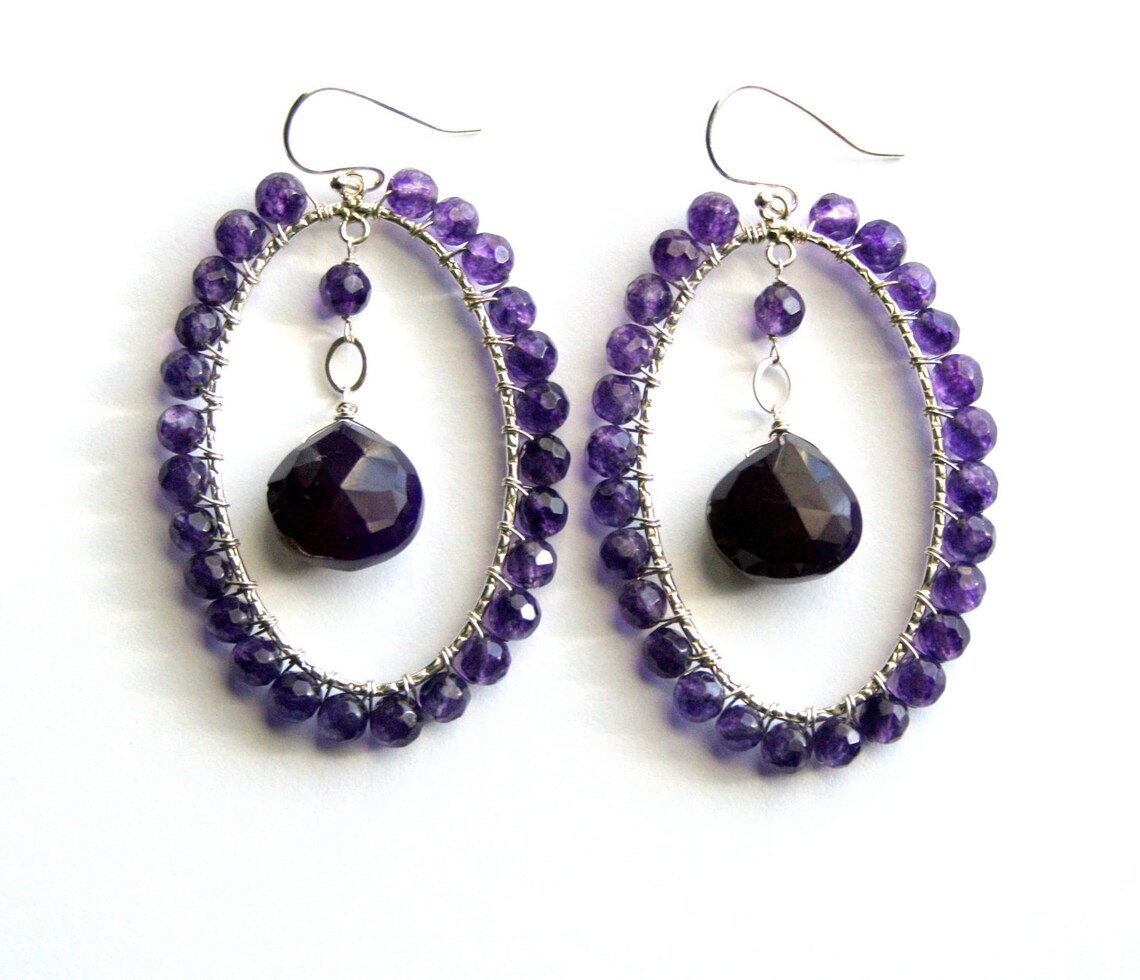 Purple Hoop Earrings, Wire Wrapped Oval Hoops, Grape Gemstone Teardrops ...