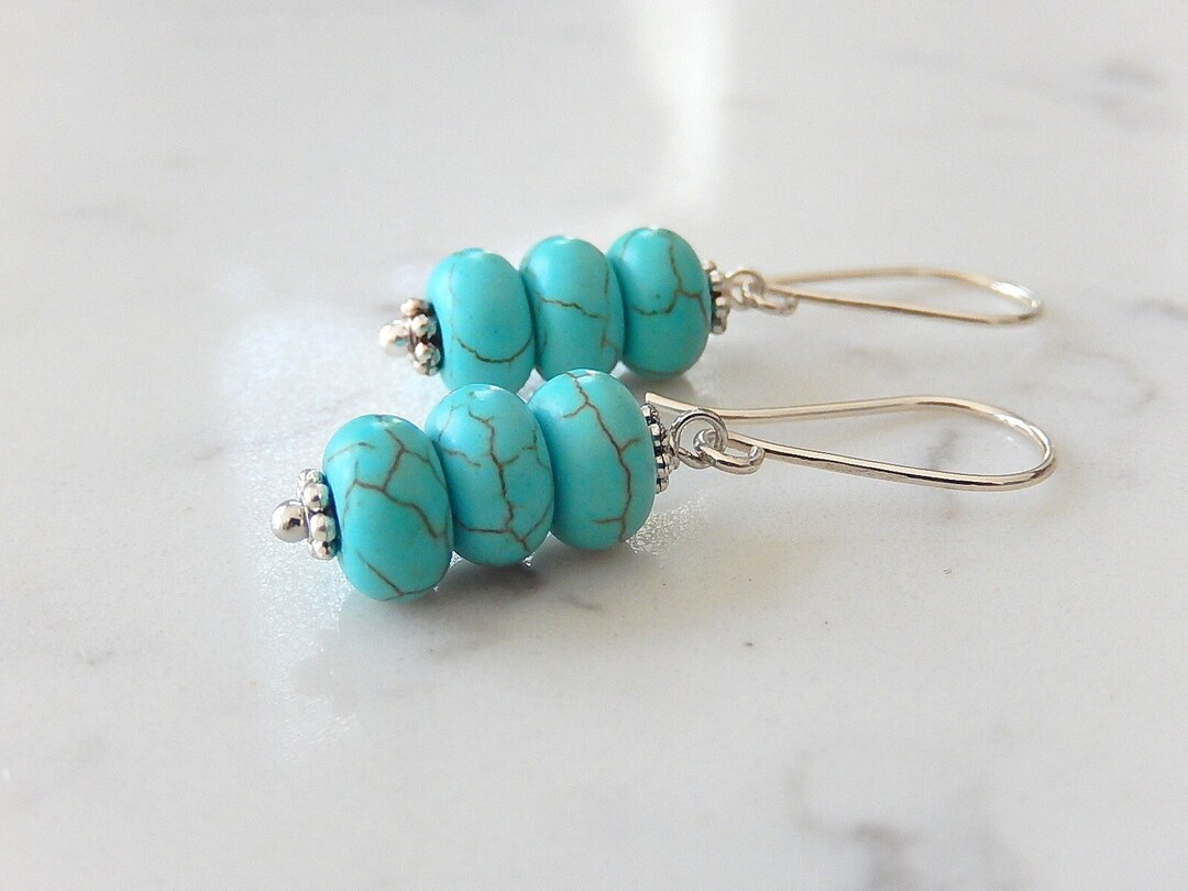 Turquoise Stack Earrings, Wagnerite Blue Stone Dangles, Sterling Silver ...