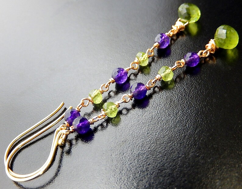 Peridot Drop Earrings, Purple Green Earrings, Gold Vermeil Gemstone ...