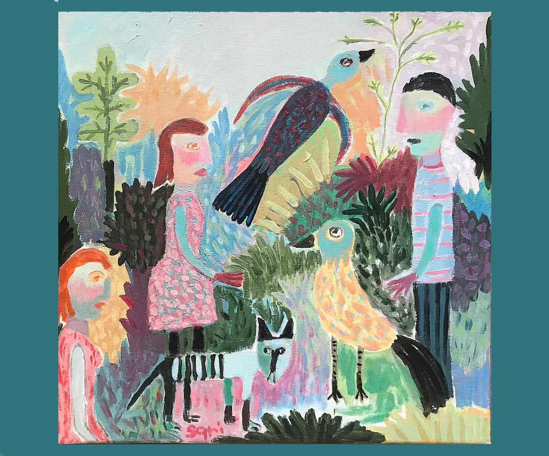 DOGS BIRDS Painting, Figurative Landscape, Figurative Art, Dogs Art ...