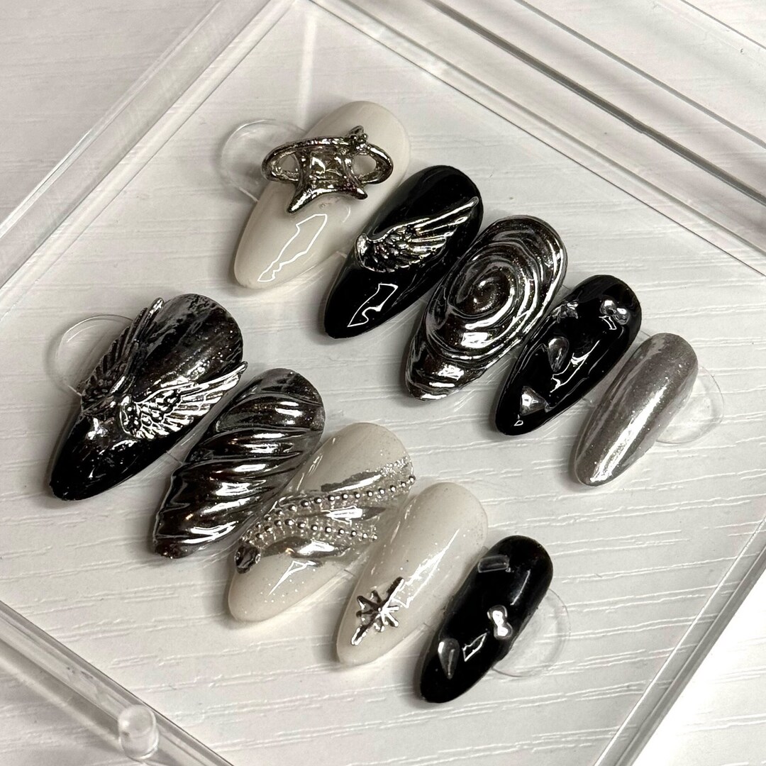 Cyber Y2K Pearl Black and White Design Press on Nails Silver Chrome ...