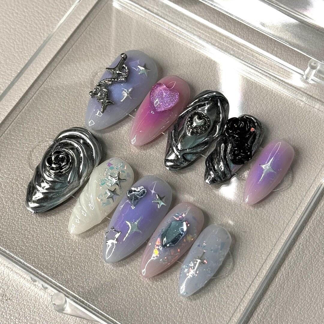 Cyber Y2K Purple Pink Silver Chrome Aura Design Press on Nails With Gel ...