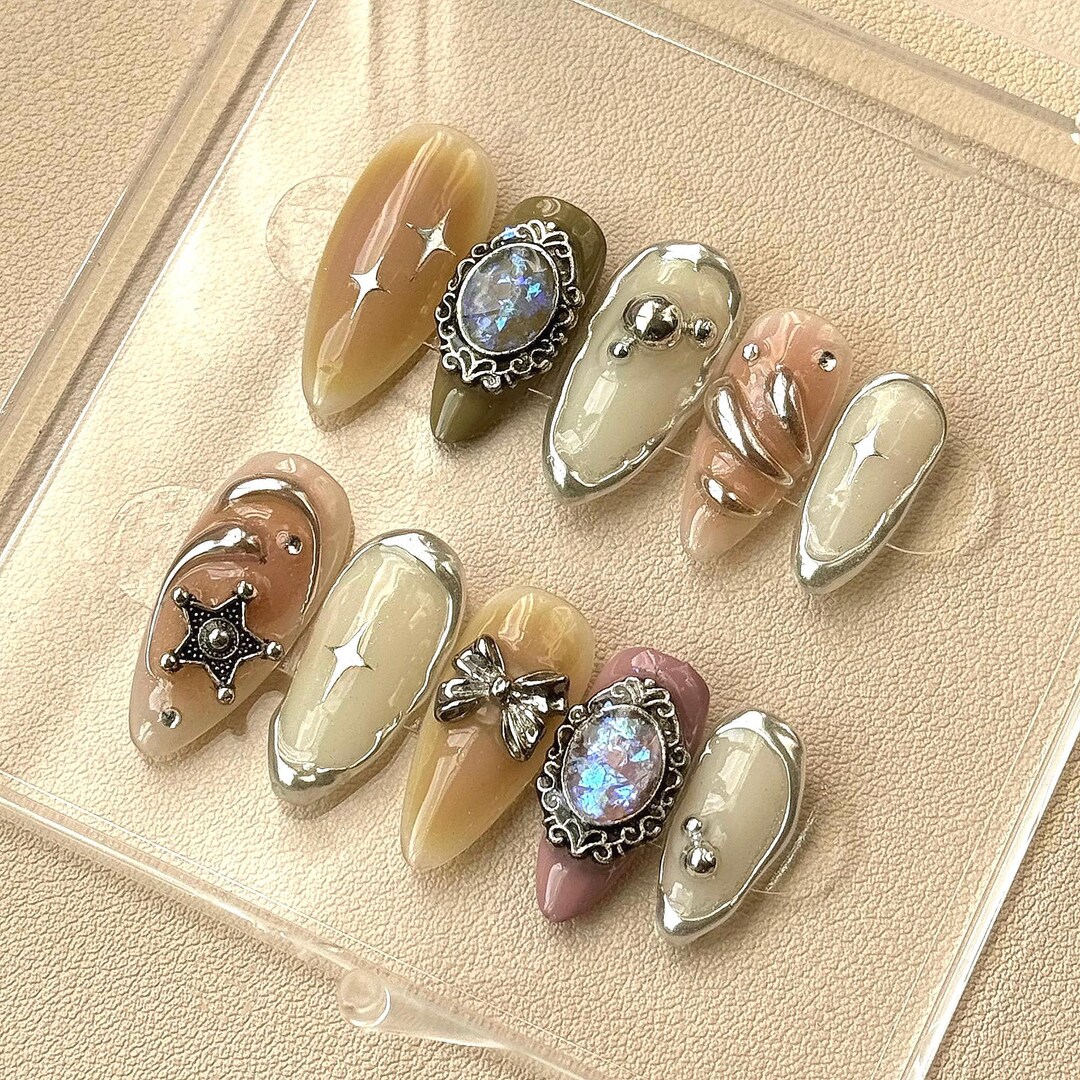 Cyber Y2K Peach Pink Olive Green Silver Chrome Aura Design Press on ...
