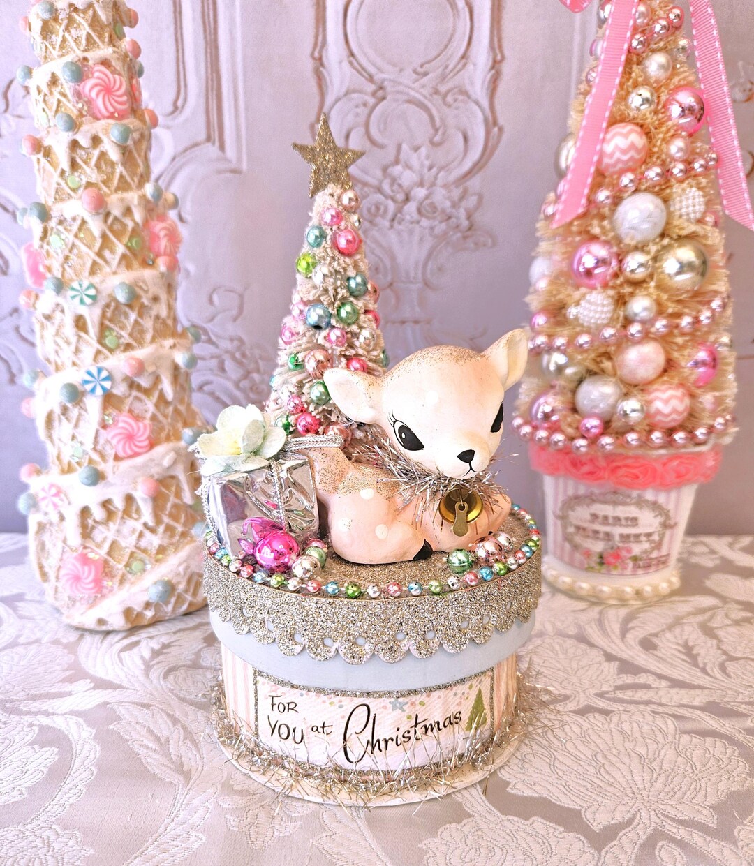 Pink Fawn Gift Box, Bottle Brush Tree Christmas, Glitter Star, Decor ...