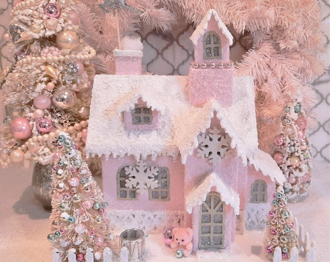 Shabby PINK Putz House Snowflakes, Bottle Brush Trees, Reindeer ...