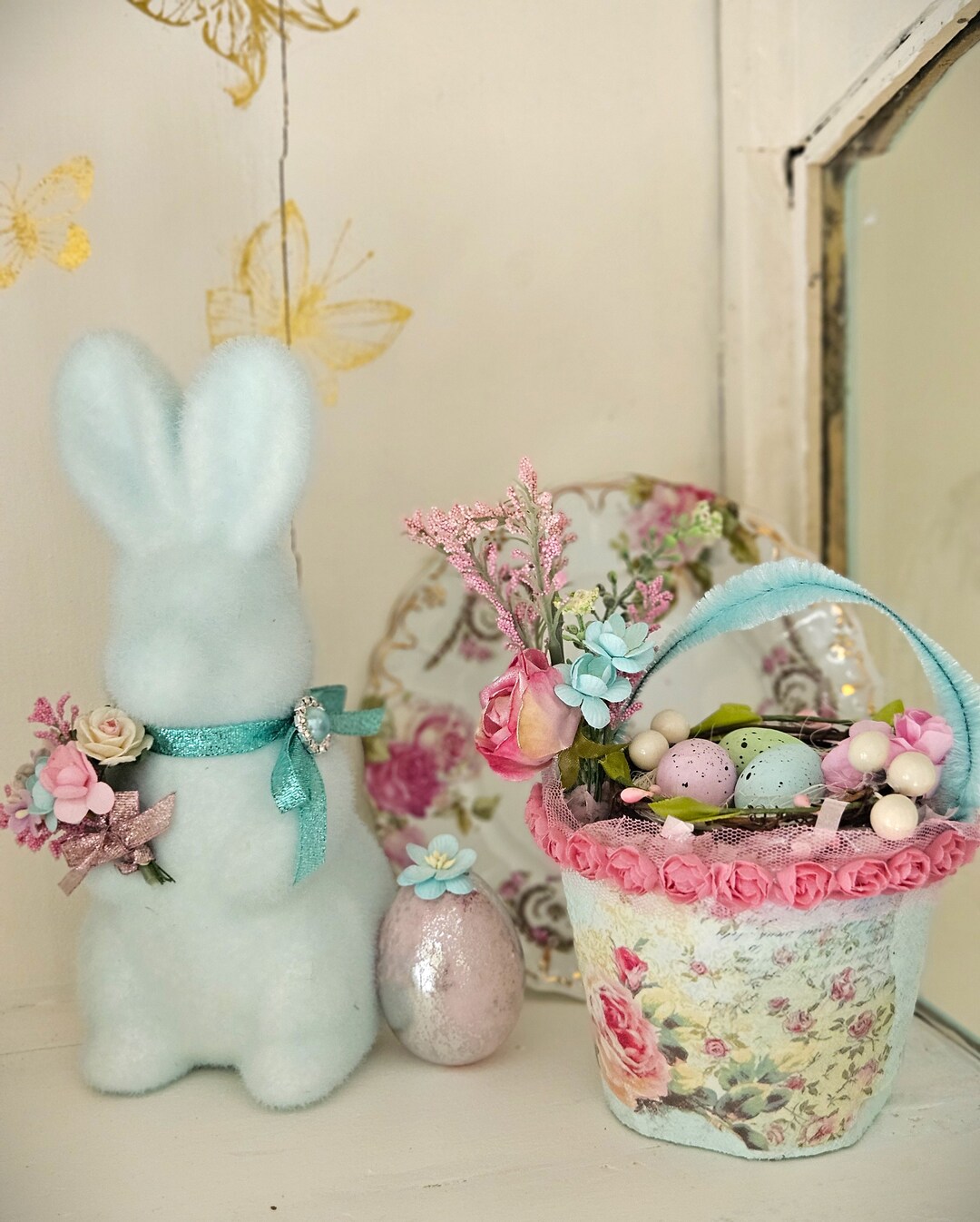 Aqua Flocked Easter Bunny Rabbit Vintage Rose Posy, Pink Foiled Egg - Etsy