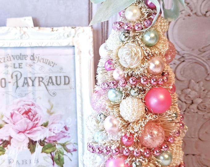 Ivory Christmas Bottle Brush Tree - Shabby Pink Roses, Vintage Style ...