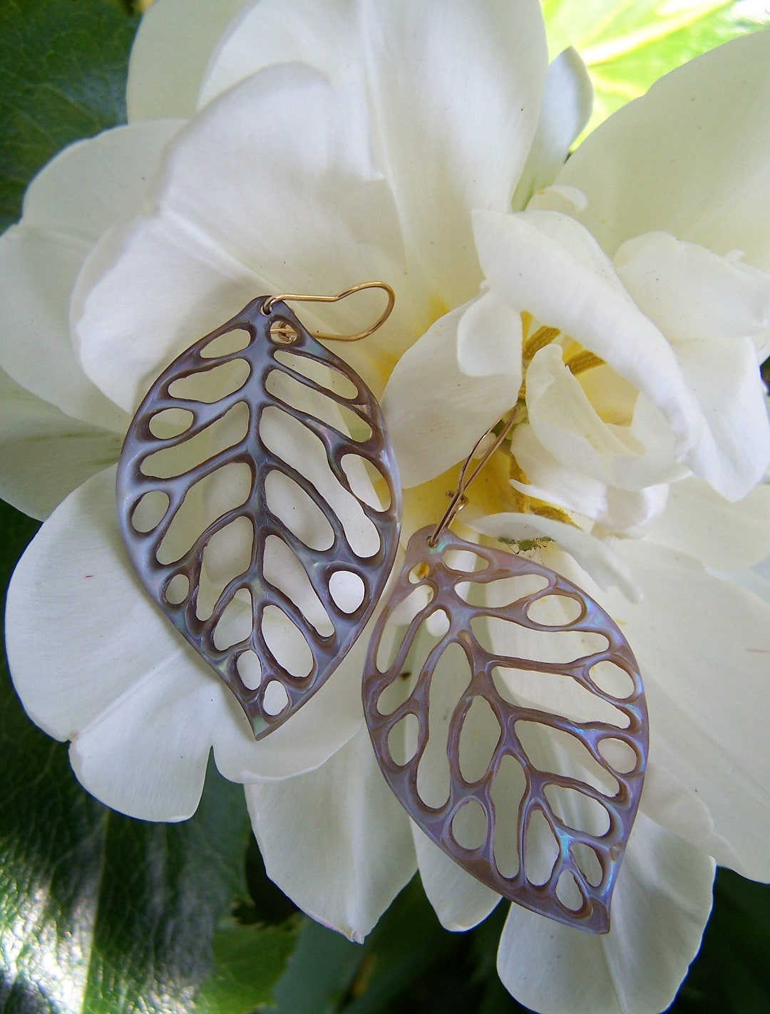 Carved Iridescent Oyster Shell 14K Solid Gold Earwire - Etsy