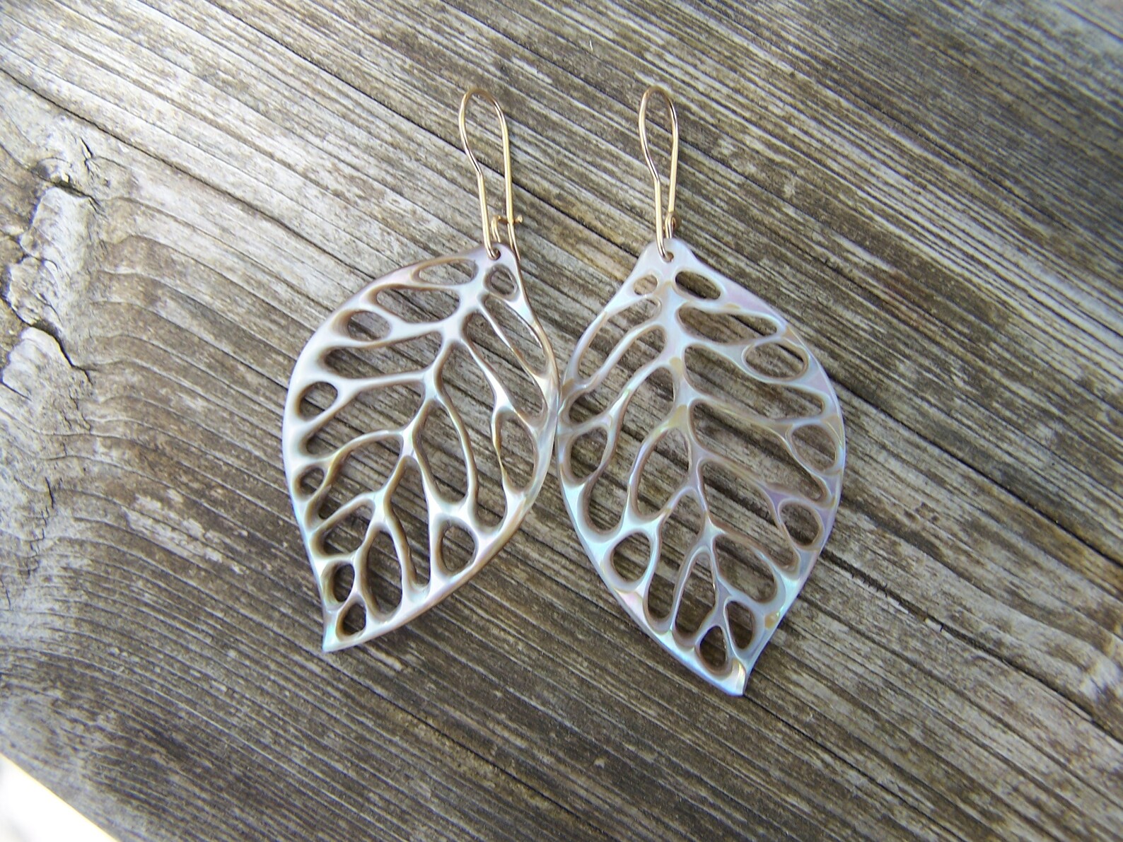 Carved Iridescent Oyster Shell 14K Solid Gold Earwire | Etsy