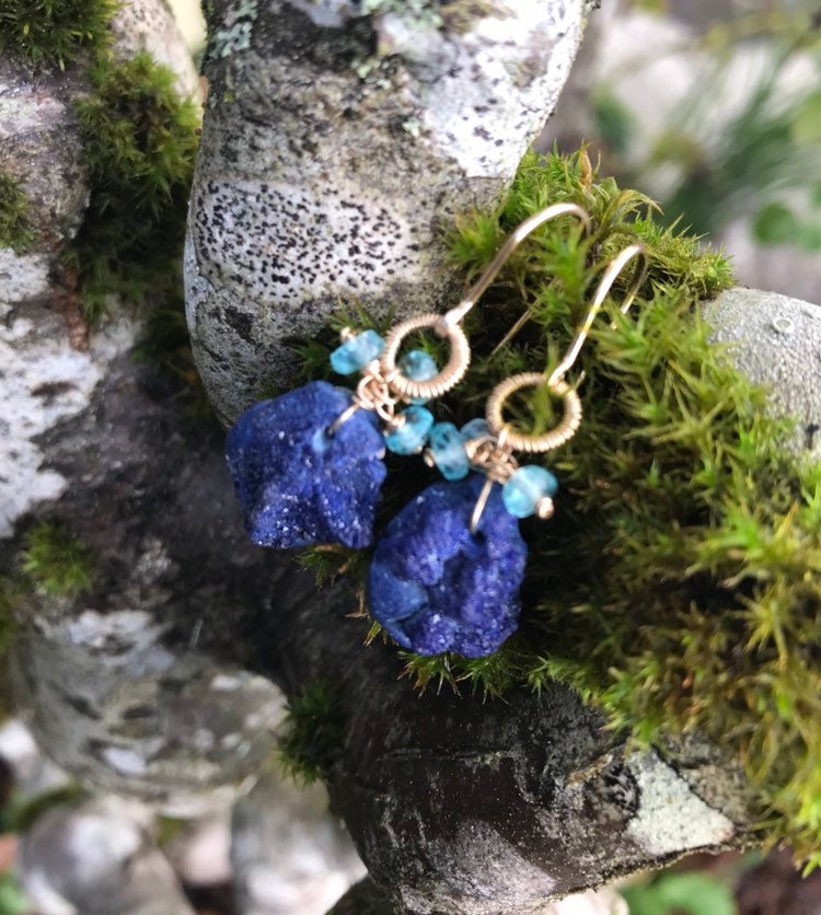 Azurite Druzy Nodule Faceted Apatite14k Gold Fill Coil Wrap - Etsy