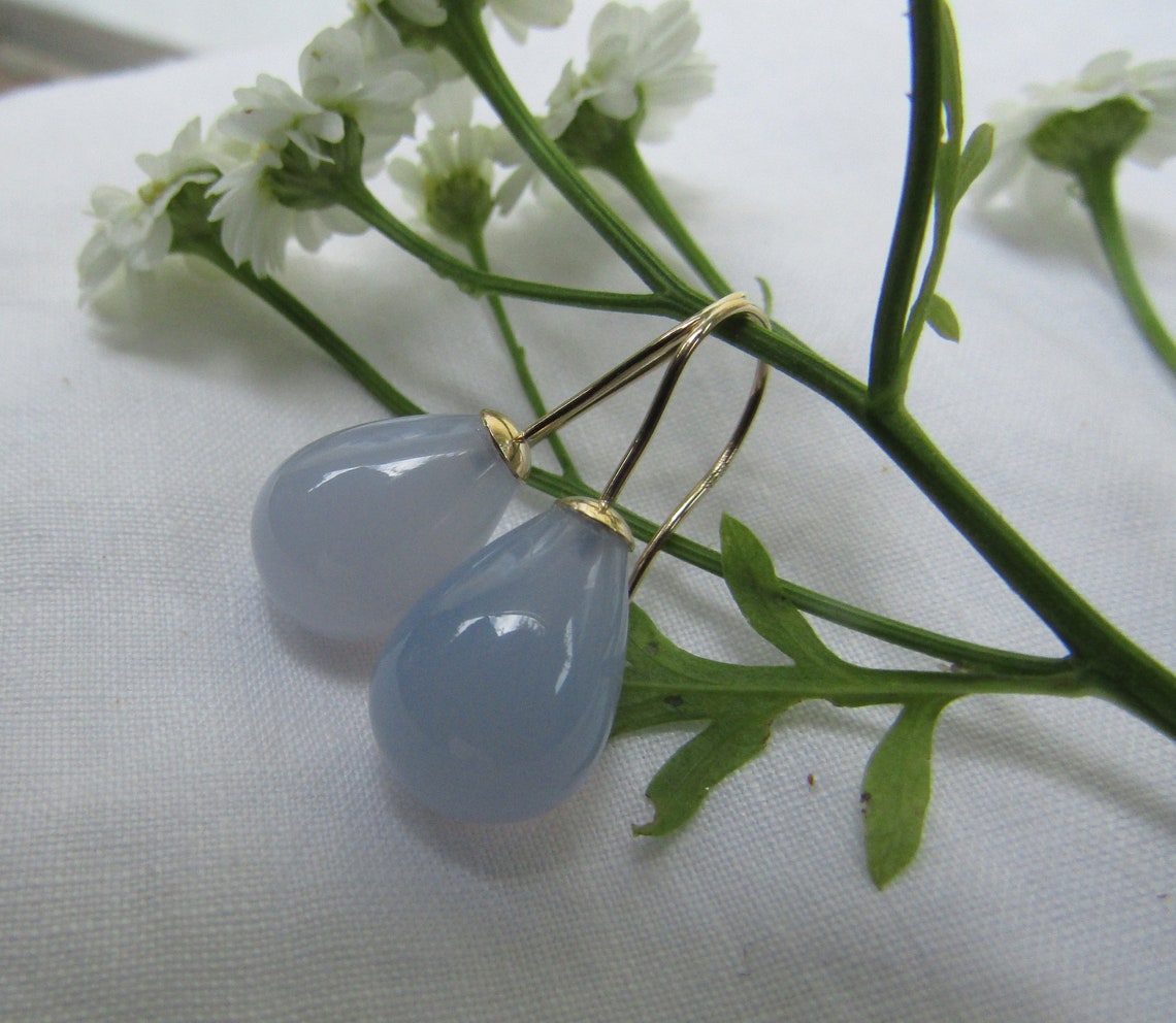 Blue Chalcedony Drop Solid 14K Gold Earrings - Etsy