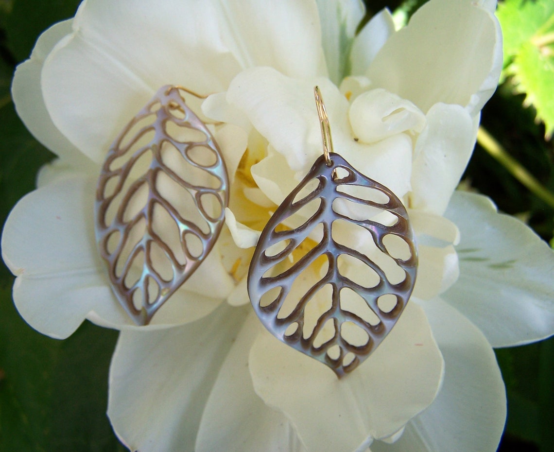 Carved Iridescent Oyster Shell 14K Solid Gold Earwire | Etsy