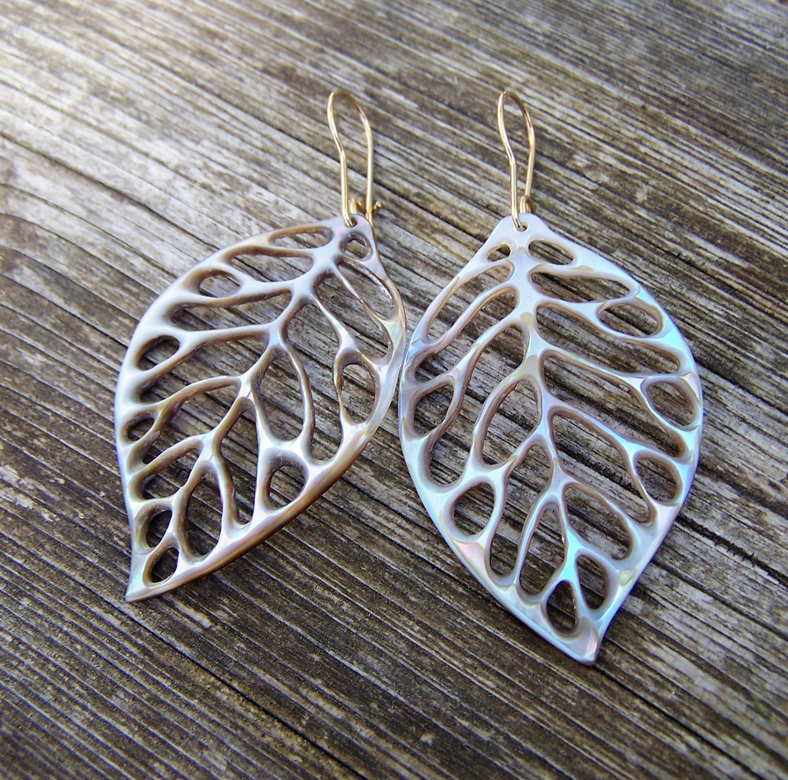 Carved Iridescent Oyster Shell 14K Solid Gold Earwire | Etsy