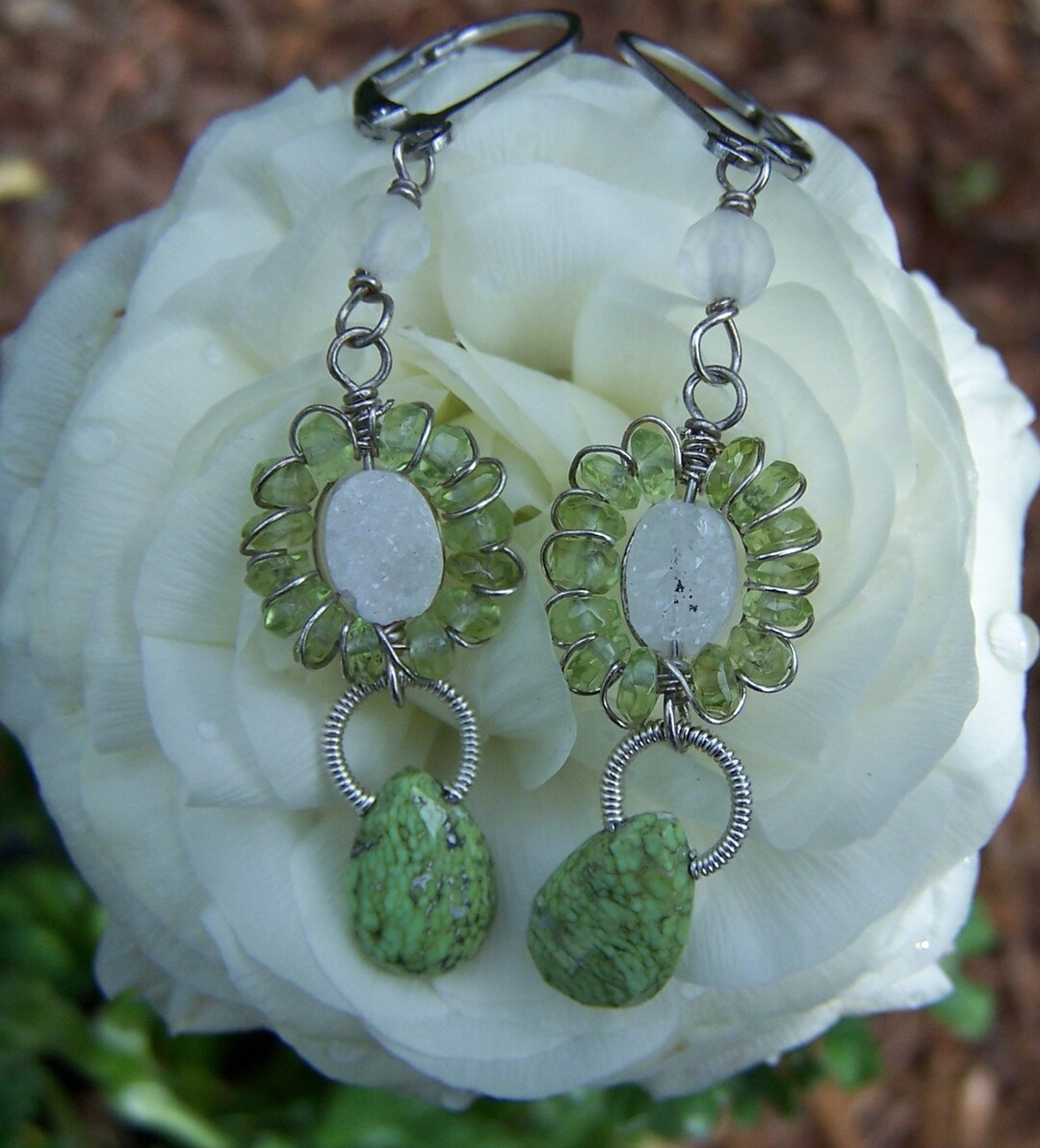 Australian Gaspeite, White Druzy, Peridot, Vintage Glass Rondelle ...