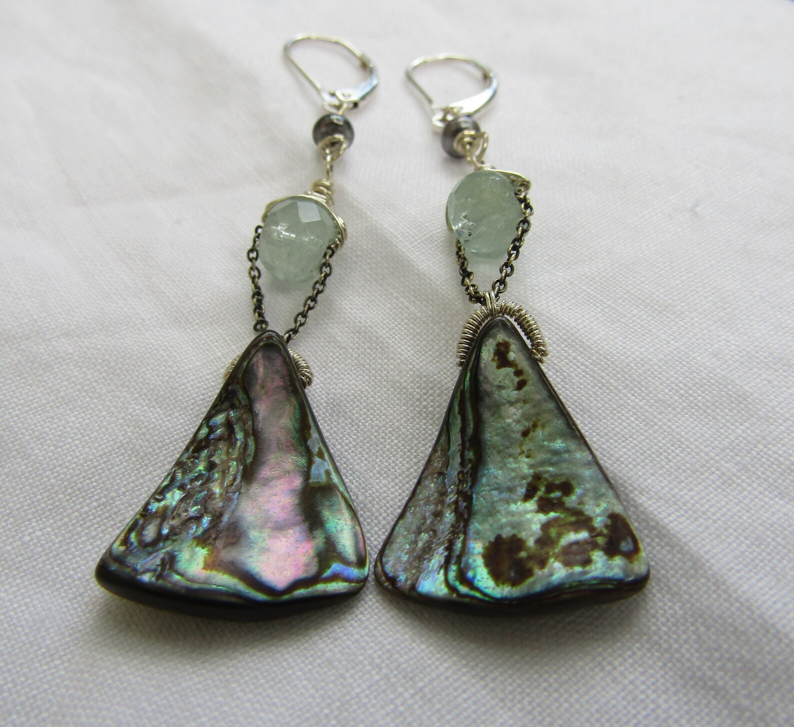 Carved Abalone Shell Aquamarine Fresh Water Pearl Oxidized - Etsy