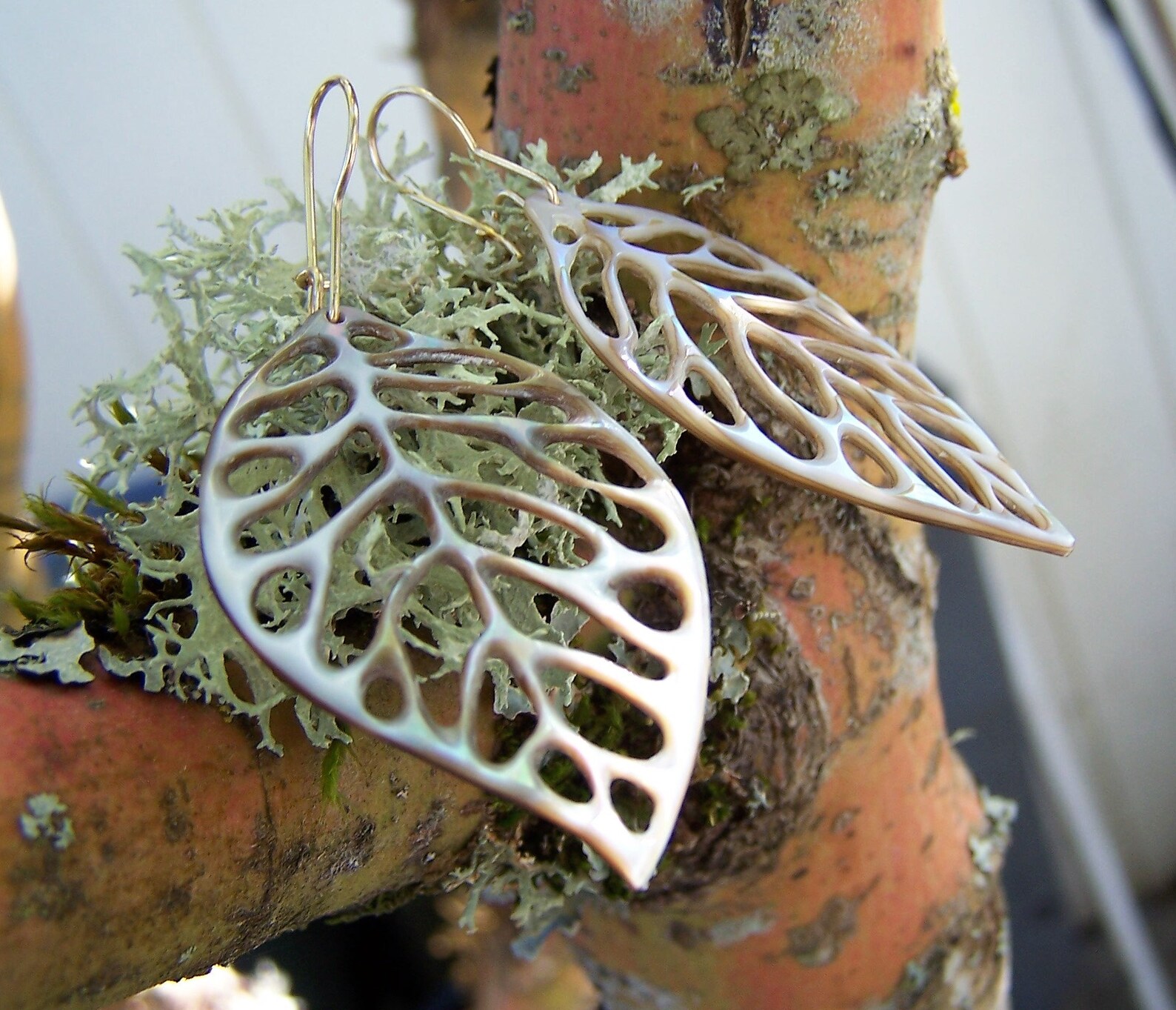 Carved Iridescent Oyster Shell 14K Solid Gold Earwire | Etsy