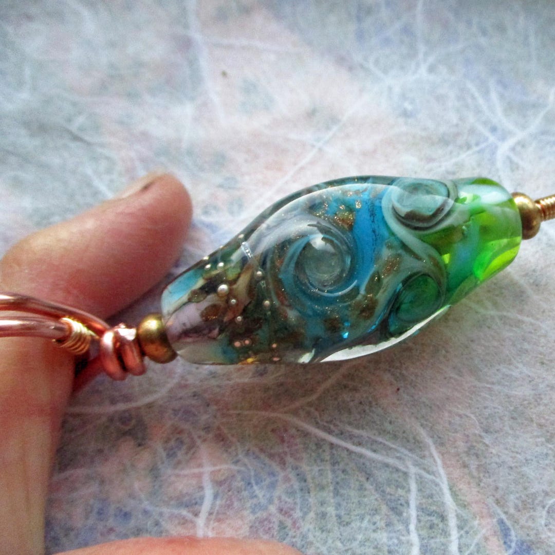 Glass Bead Ring Distaff for Hand Spinning, Aqua Blue & Green Lampwork ...