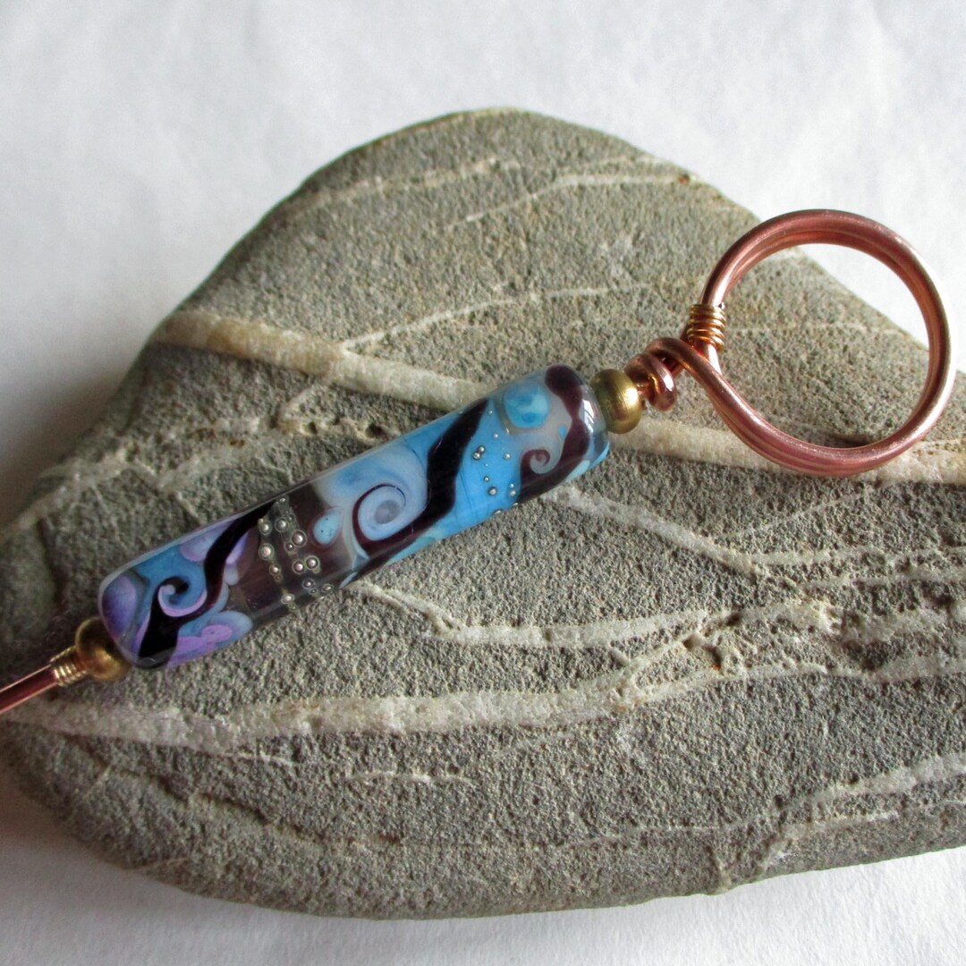 Glass Bead Ring Distaff for Hand Spinning, Aqua & Purple Lampwork Tube ...