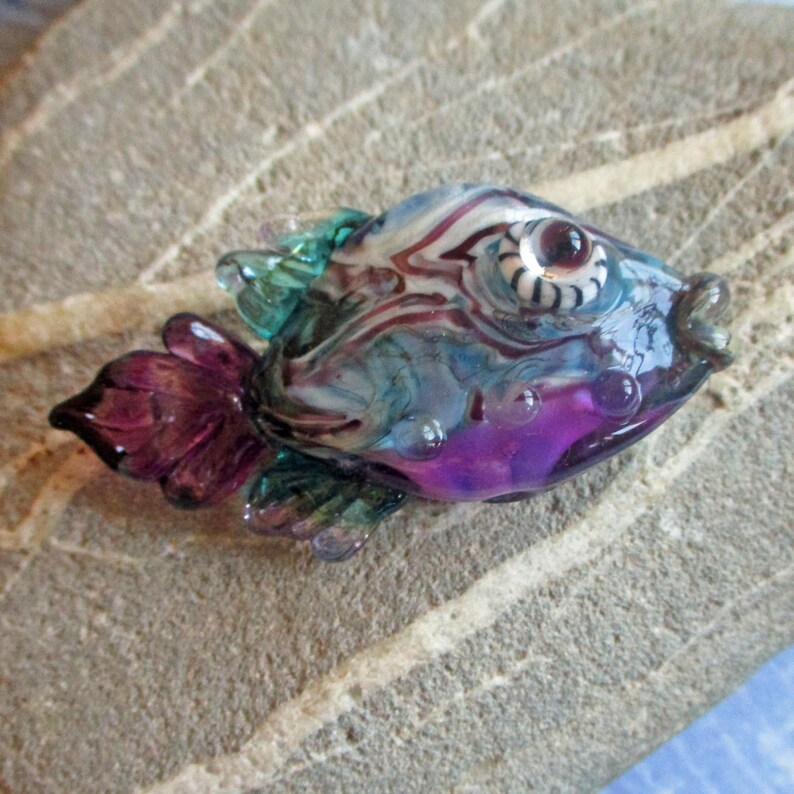 Purple-pink, Aqua & Twistie Lampwork Fish Glass Bead Pendant Necklace ...