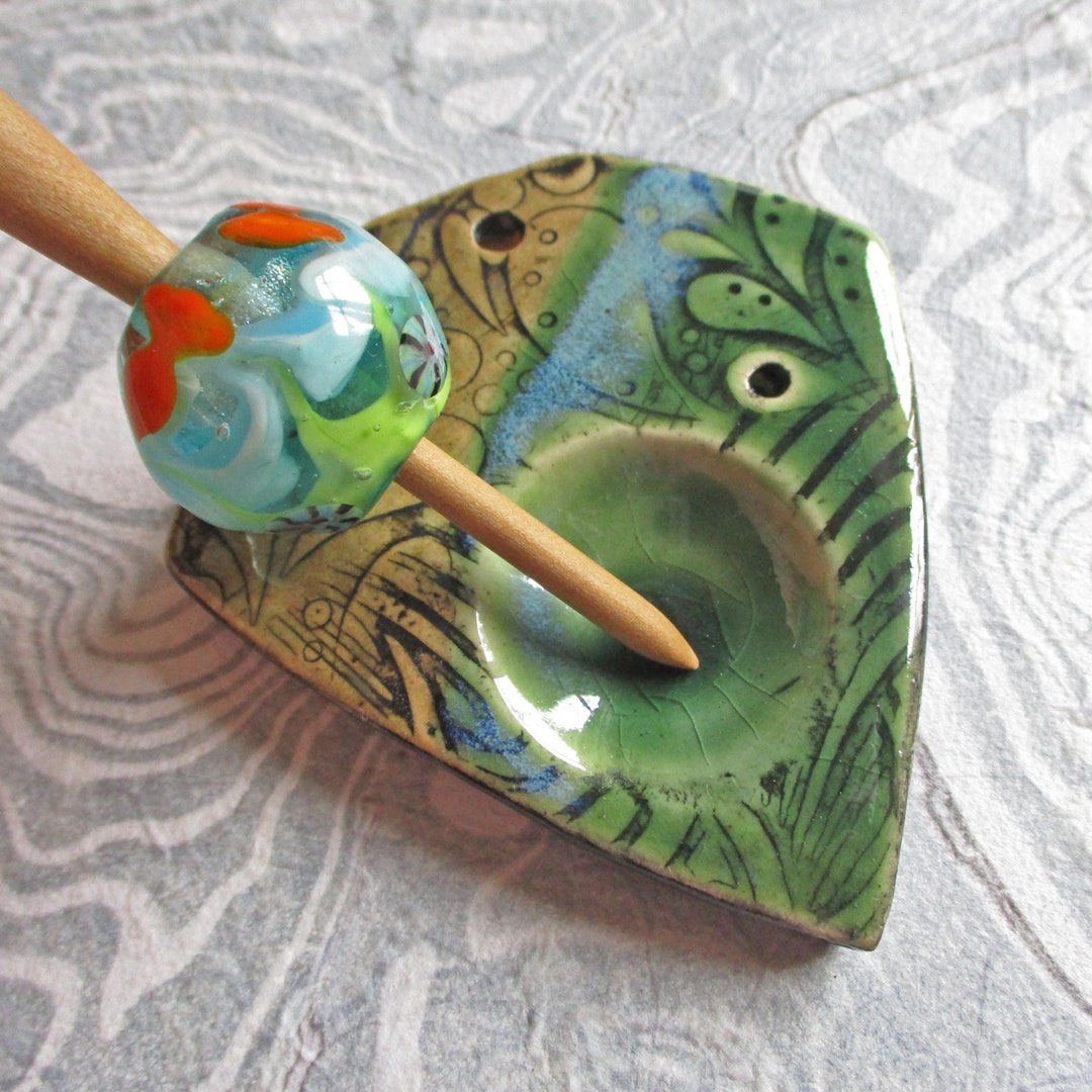 Abstract Green Pottery Support Spindle Bowl, Clay Handmade Spinning ...