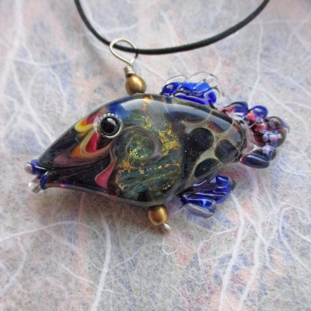 Cobalt Blue Glass Fish Pendant With Scales, Lampwork Glass Bead ...