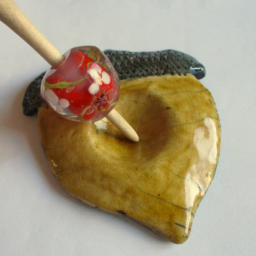 Golden Acorn Raku Fired Pottery Support Spindle Bowl, Clay Handmade ...