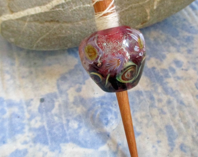 Pink Flower Viking Style Lampwork Glass Bead Whorl With Optional Support Spindle, Handmade ...