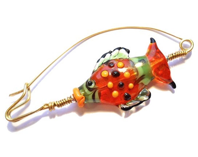 Orange & Green Fish Shawl Pin, Fibula Pin, Handmade Lampwork Glass Bead ...